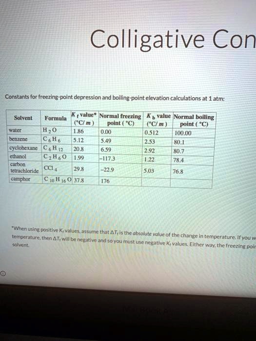 SOLVED: Colligative Con Constants for freezing-point depression and boiling-point elevation ...