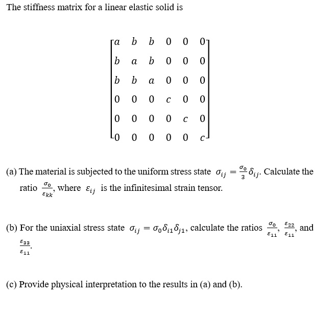 The stiffness matrix for a linear elastic solid is (a) The material is subjected to the uniform ...