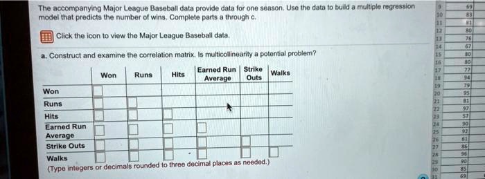 SOLVED: The accompanying Major League Baseball data provides data for ...