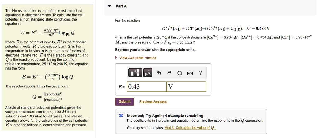 SOLVED: Part A The Nernst equation is one of the most important ...