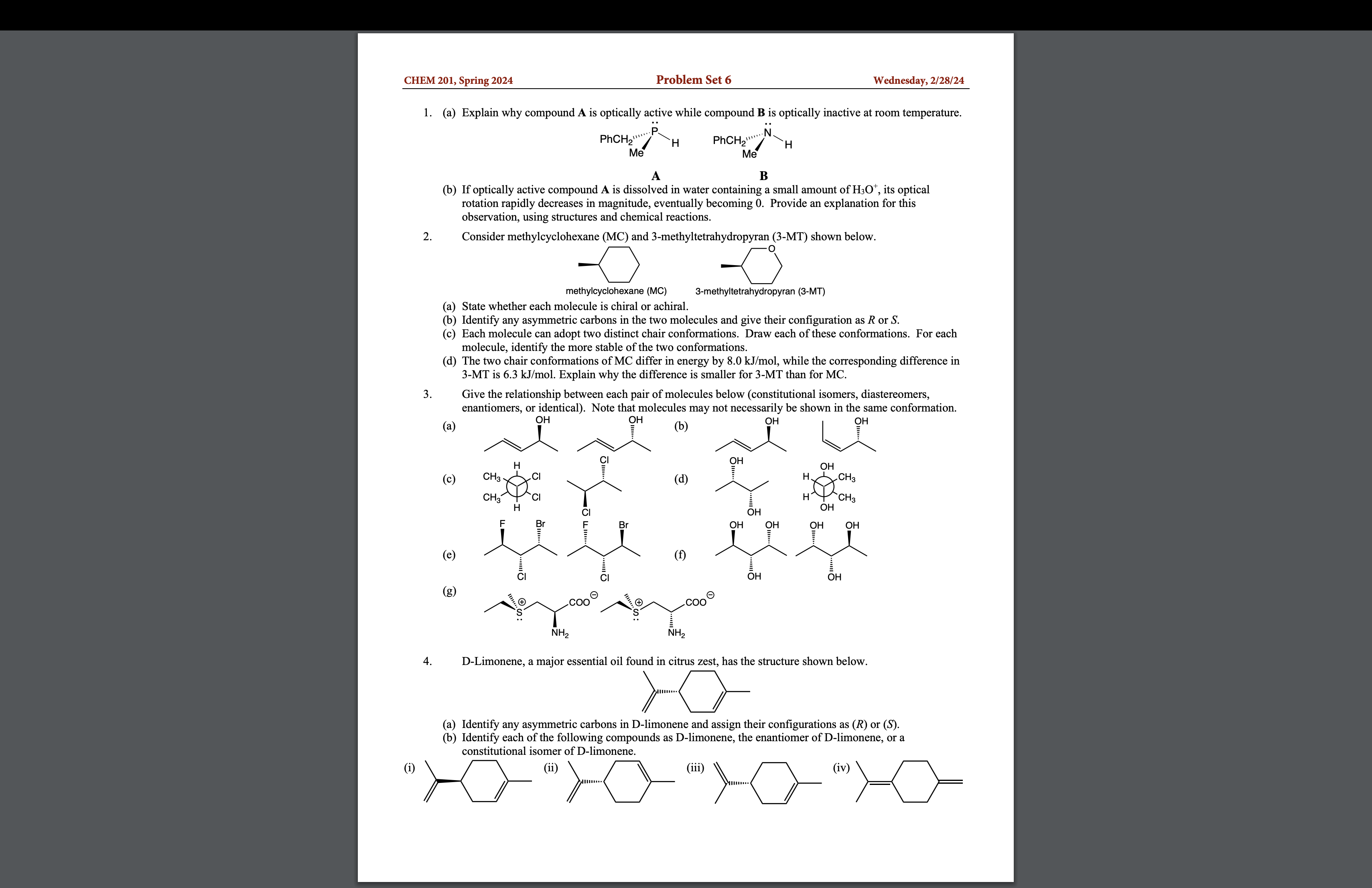 CHEM 201, Spring 2024 Problem Set 6 Wednesday, 2 / 28 / 24 1. (a ...