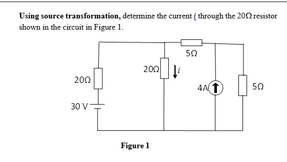 Using source transformation, determine the current i through the 20 resistor shown in the ...