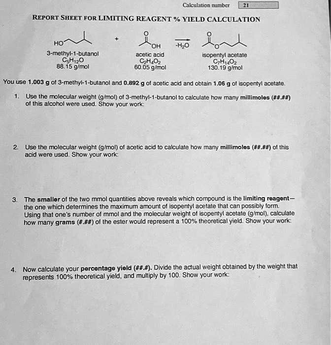 Calculation number 21 REPORT SHEET FOR LIMITING REAGENT % YIELD ...