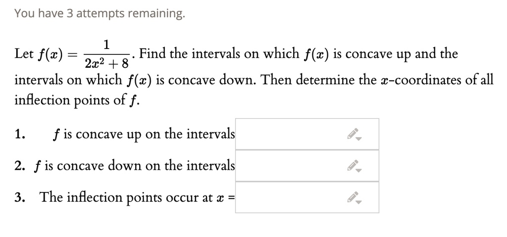 SOLVED: You have 3 attempts remaining: Let f(c) find the intervals on ...