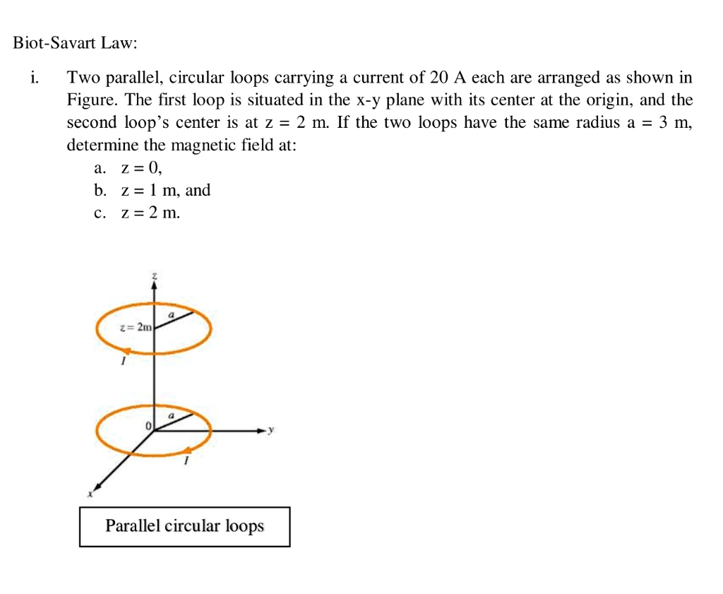 SOLVED: Biot-Savart Law: i. Two parallel, circular loops carrying a current of 20 A each are ...