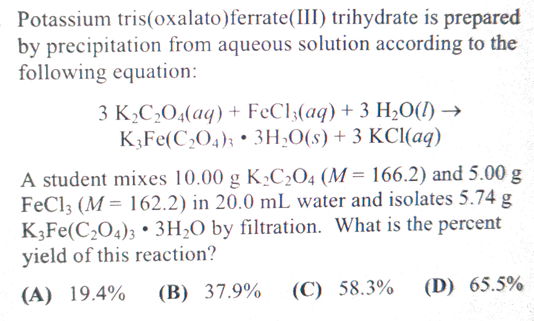 SOLVED: Potassium tris(oxalato)ferrate(III) trihydrate is prepared by precipitation from aqueous ...