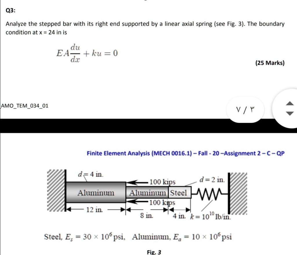 Q3: Analyze the stepped bar with its right end supported by a linear axial spring (see Fig. 3 ...