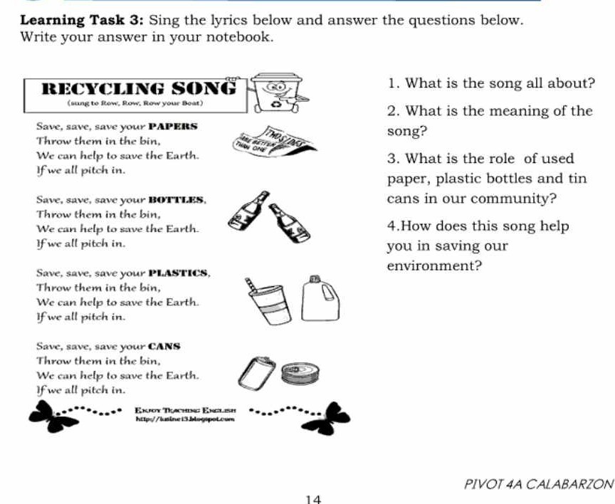 Learning Task 3: Sing the lyrics below and answer the questions below ...