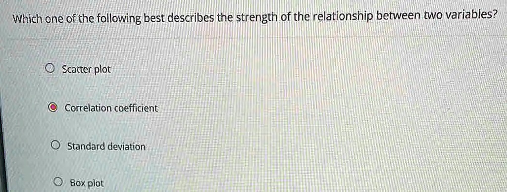 Which one of the following best describes the strength of the relationship between two variables ...