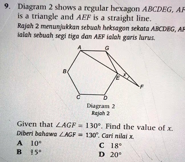 9. Diagram 2 shows a regular hexagon ABCDEG, AF is a triangle and AEF is a straight line. Rajah ...