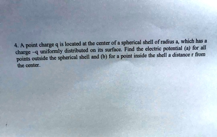 SOLVED: 4. A point charge q is located at the center of a spherical shell of radius a, which has ...