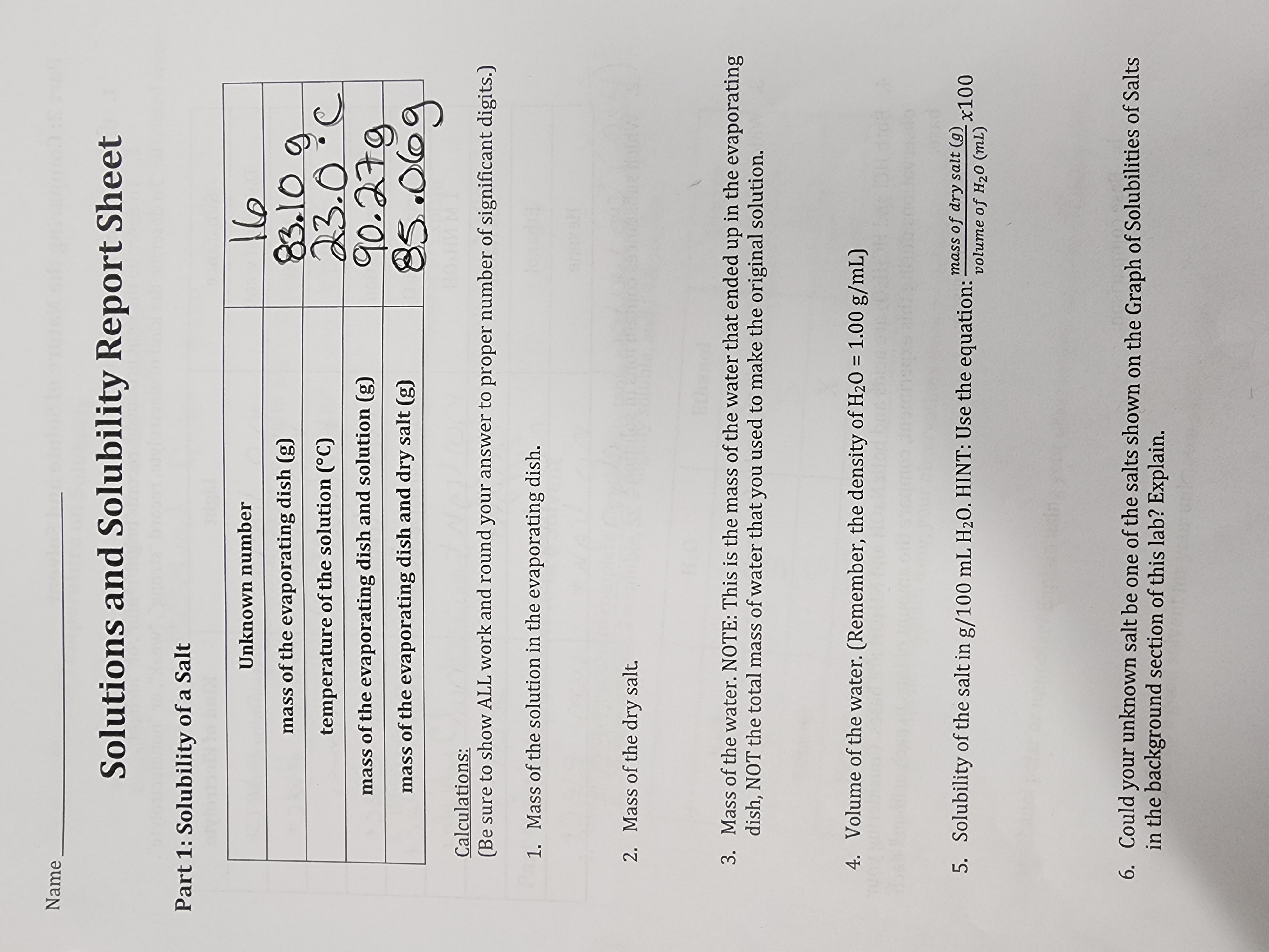 Name Solutions and Solubility Report Sheet Part 1: Solubility of a Salt ...