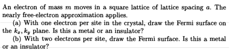 An electron of mass m moves in a square lattice of lattice spacing a ...