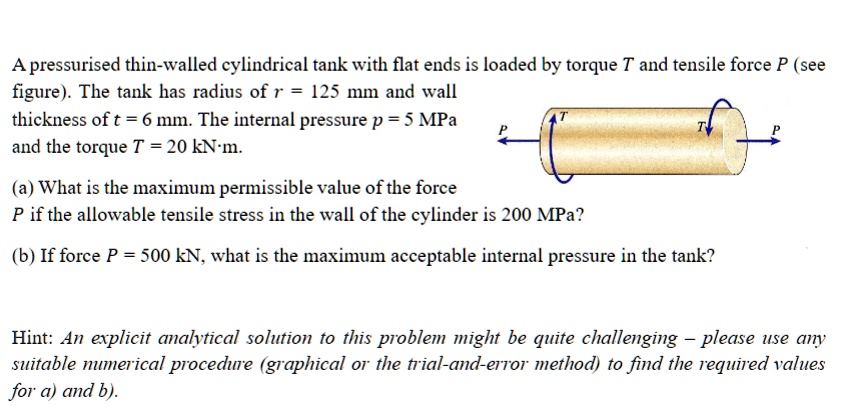 a pressurised thin walled cylindrical tank with flat ends is loaded by torque t and tensile ...