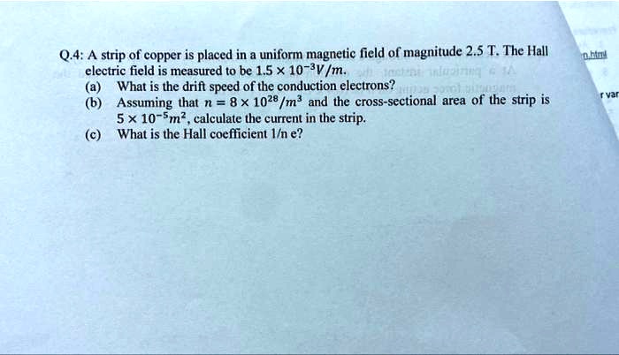 SOLVED: A strip of copper is placed in a uniform magnetic field of ...