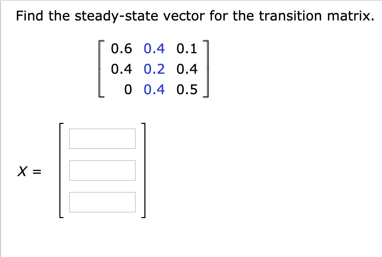SOLVED:Find the steady-state vector for the transition matrix 0.6 0.4 0 ...