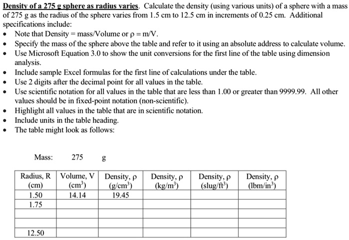SOLVED: Density of a 275 g sphere as radius varies. Calculate the ...