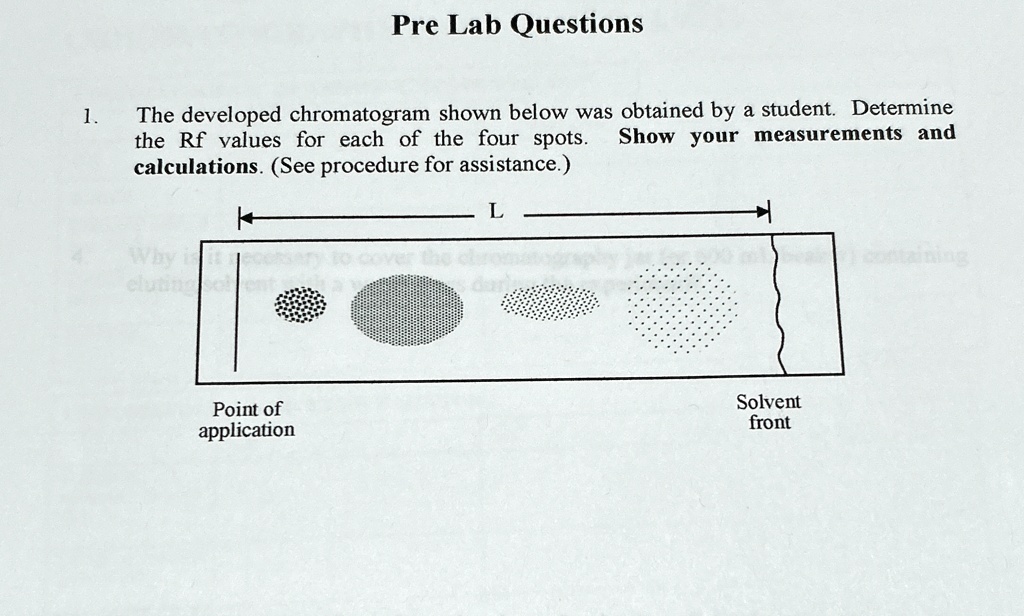 1. Pre Lab Questions The developed chromatogram shown below was ...