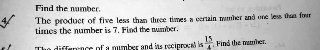 SOLVED: Find the number. The product of five less than three times a ...
