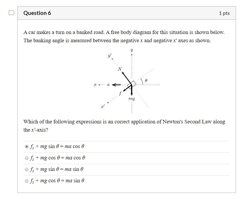 SOLVED: A car makes a turn on a banked road. A free body diagram for ...