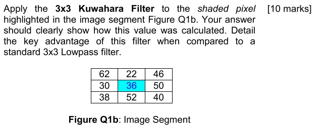 SOLVED: Apply the 3x3 Kuwahara Filter to the shaded pixel [10 marks ...