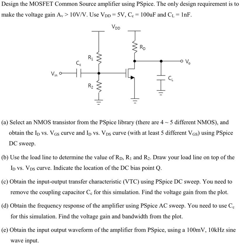 SOLVED: Design the MOSFET Common Source amplifier using PSpice. The only design requirement is ...