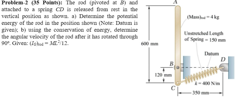 SOLVED: Problem-2 (35 Points): The rod (pivoted at B) and attached ...
