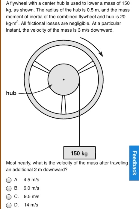 a flywheel with a center hub is used to lower a mass of 150 kgas ...