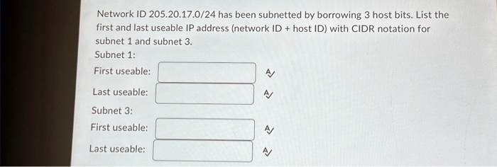 network id 2052017024 has been subnetted by borrowing 3 host bits list the first and last ...