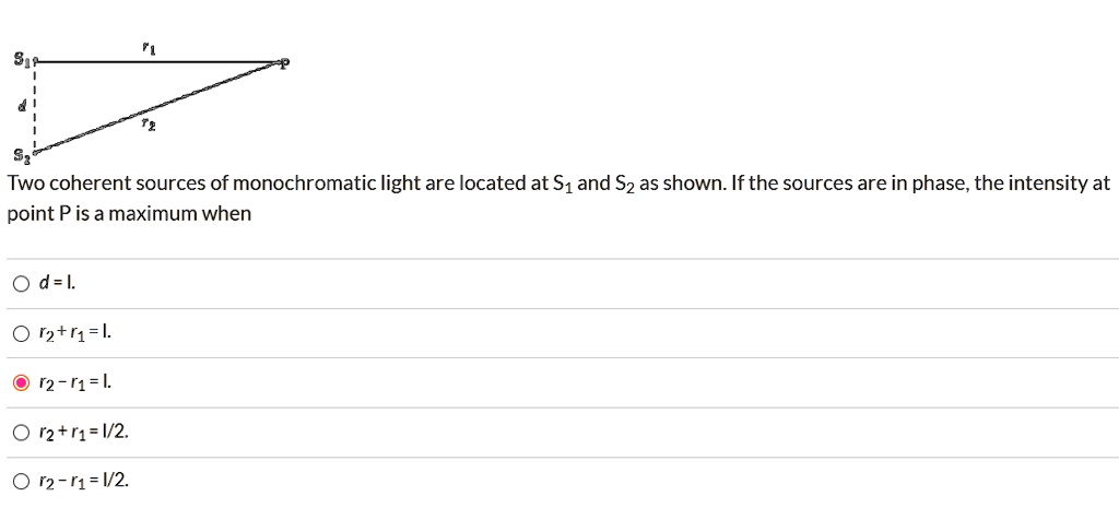 Two coherent sources of monochromatic light are located at S1 and S2 as ...