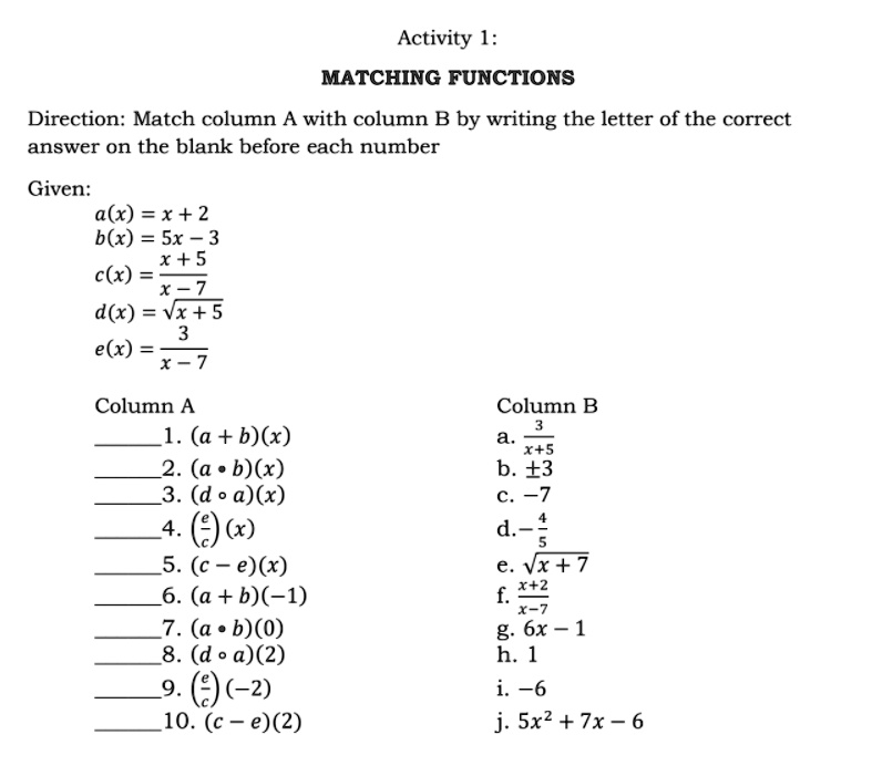 Solution And Answer Activity 1 Matching Functions Direction Match