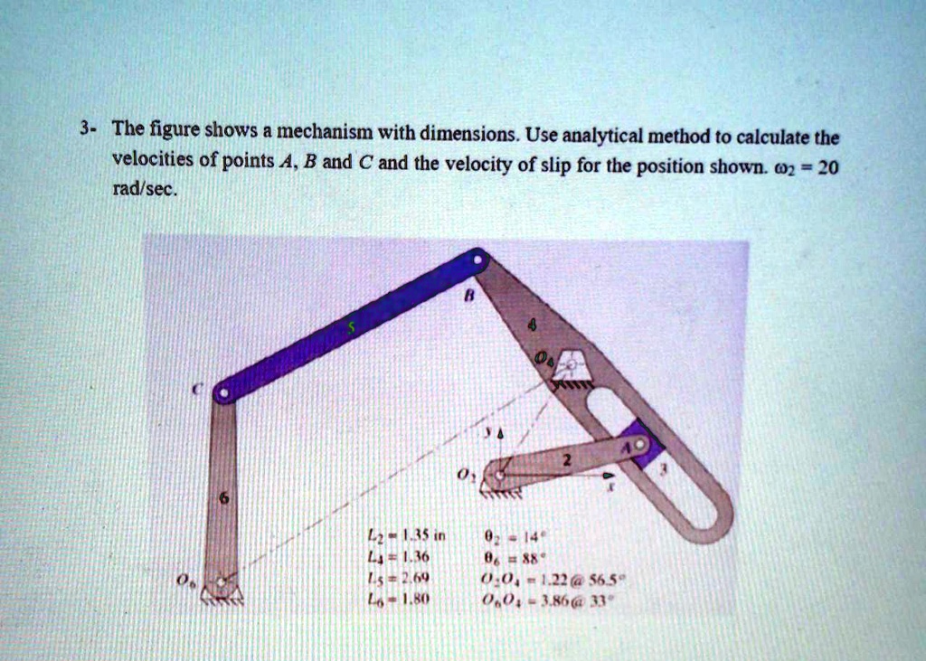 3- The figure shows a mechanism with dimensions. Use analytical method ...