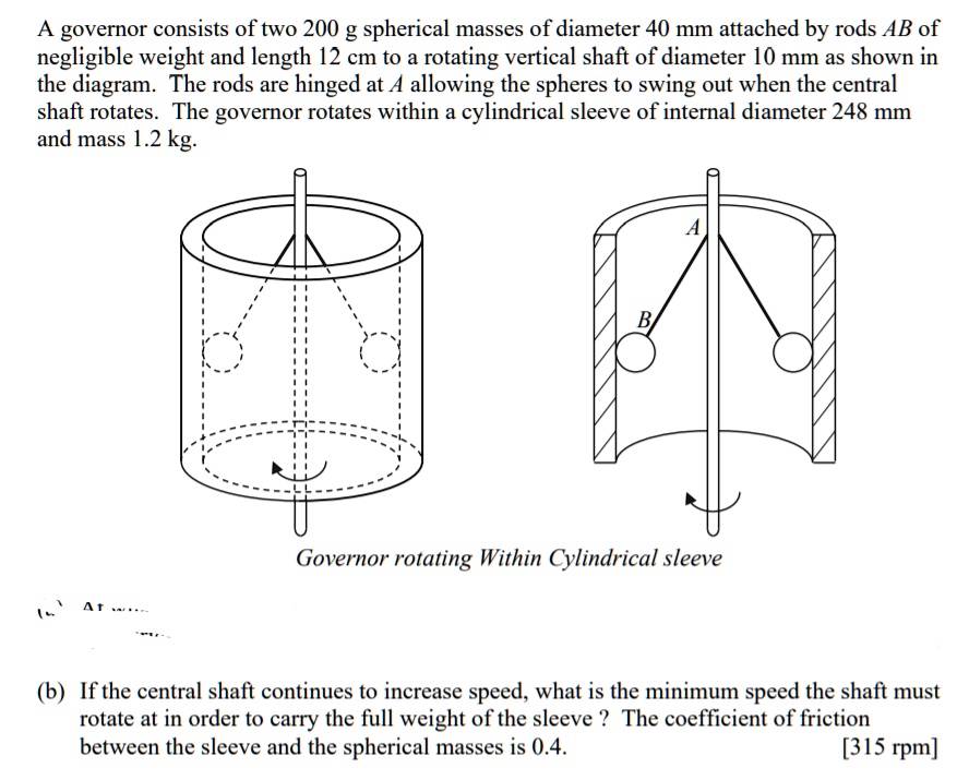 a governor consists of two 200 g spherical masses of diameter 40 mm ...