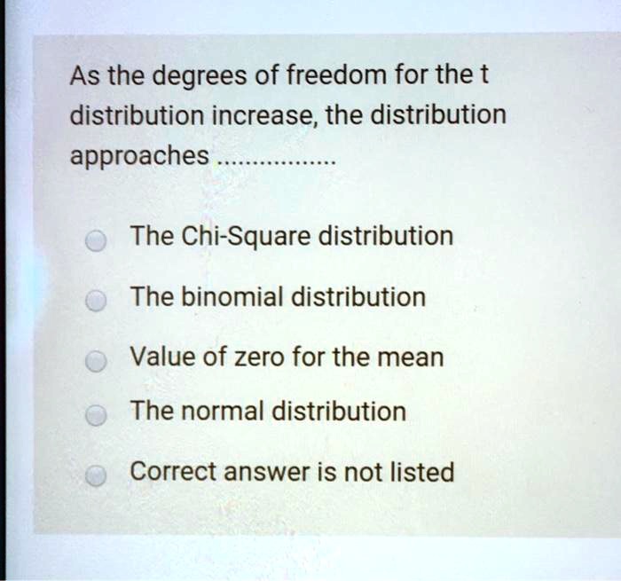 as the degrees of freedom for the t distribution increase the distribution approaches the chi ...