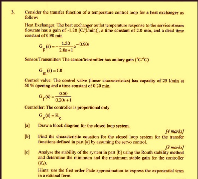 SOLVED: Consider the transfer function of a temperature control loop for a heat exchanger as ...