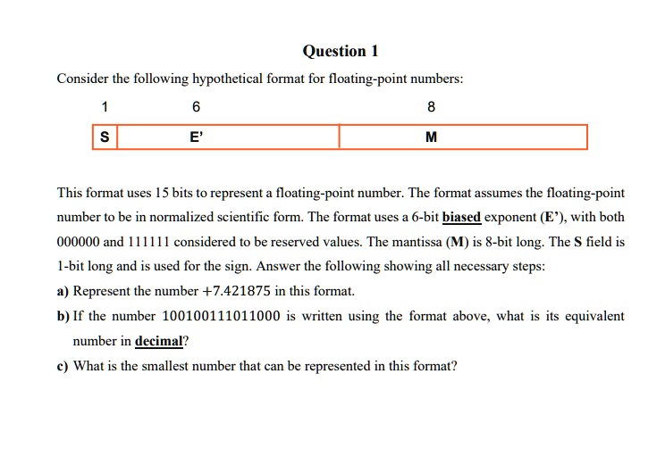 SOLVED: Consider the following hypothetical format for floating-point numbers: 1. S 2. E' 3. M ...