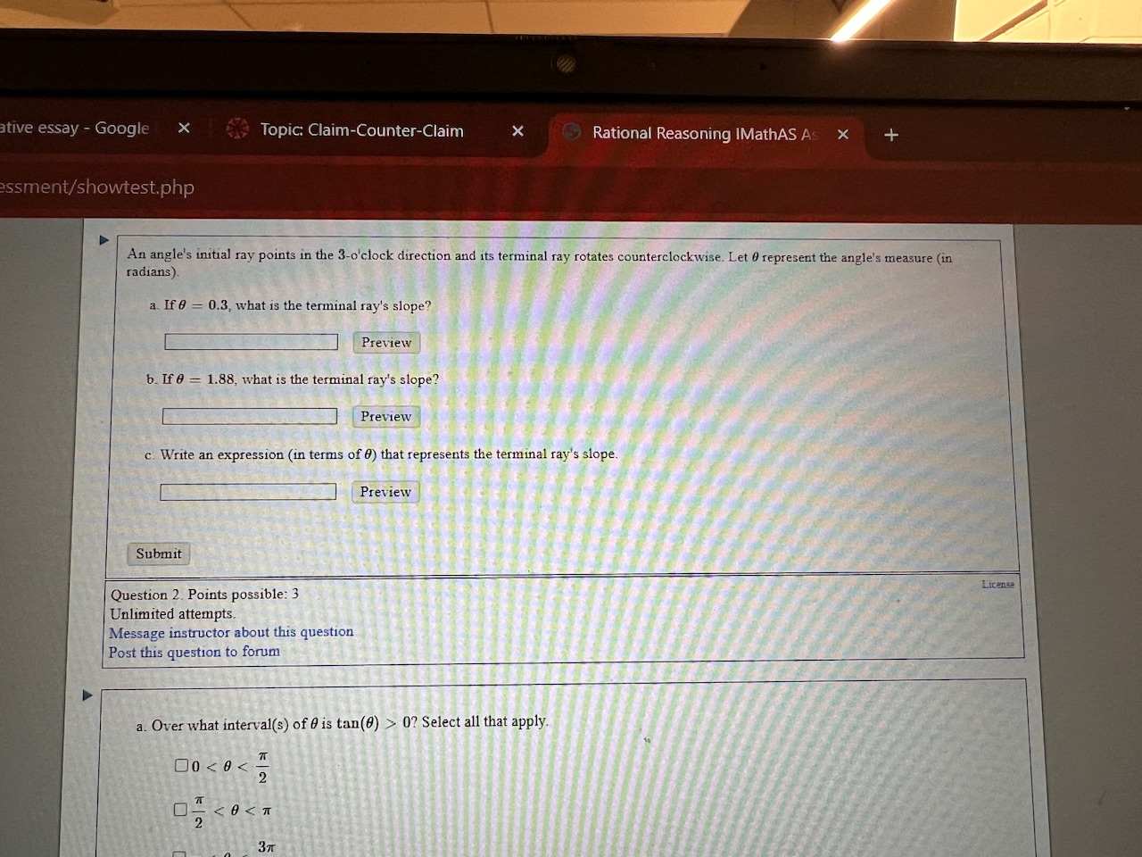 An angle's initial ray points in the 3 -o'clock direction and its ...