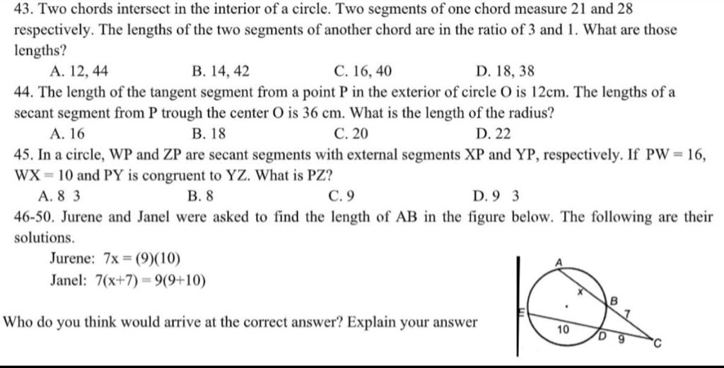 SOLVED: Need help. Thank you so much. 43. Two chords intersect in the interior of a circle. Two ...