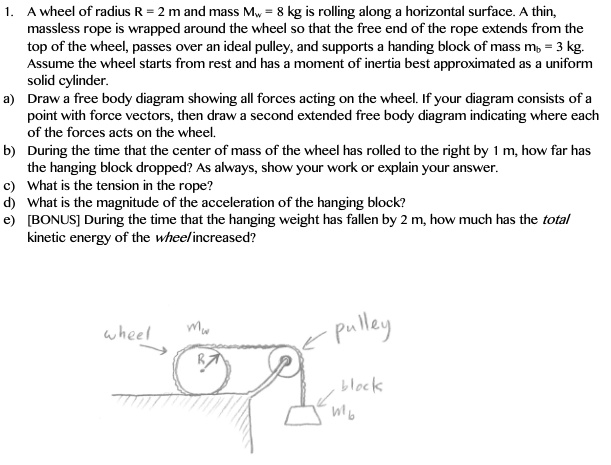 SOLVED: A wheel of radius R = 2 m and mass Mx kg is rolling along a ...