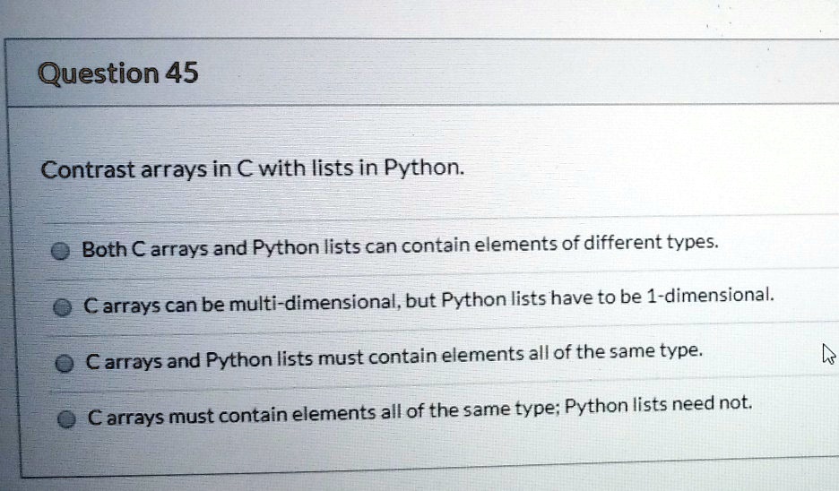 Solved Contrast Arrays In C With Lists In Python Both C Arrays And Python Lists Can Contain 6424