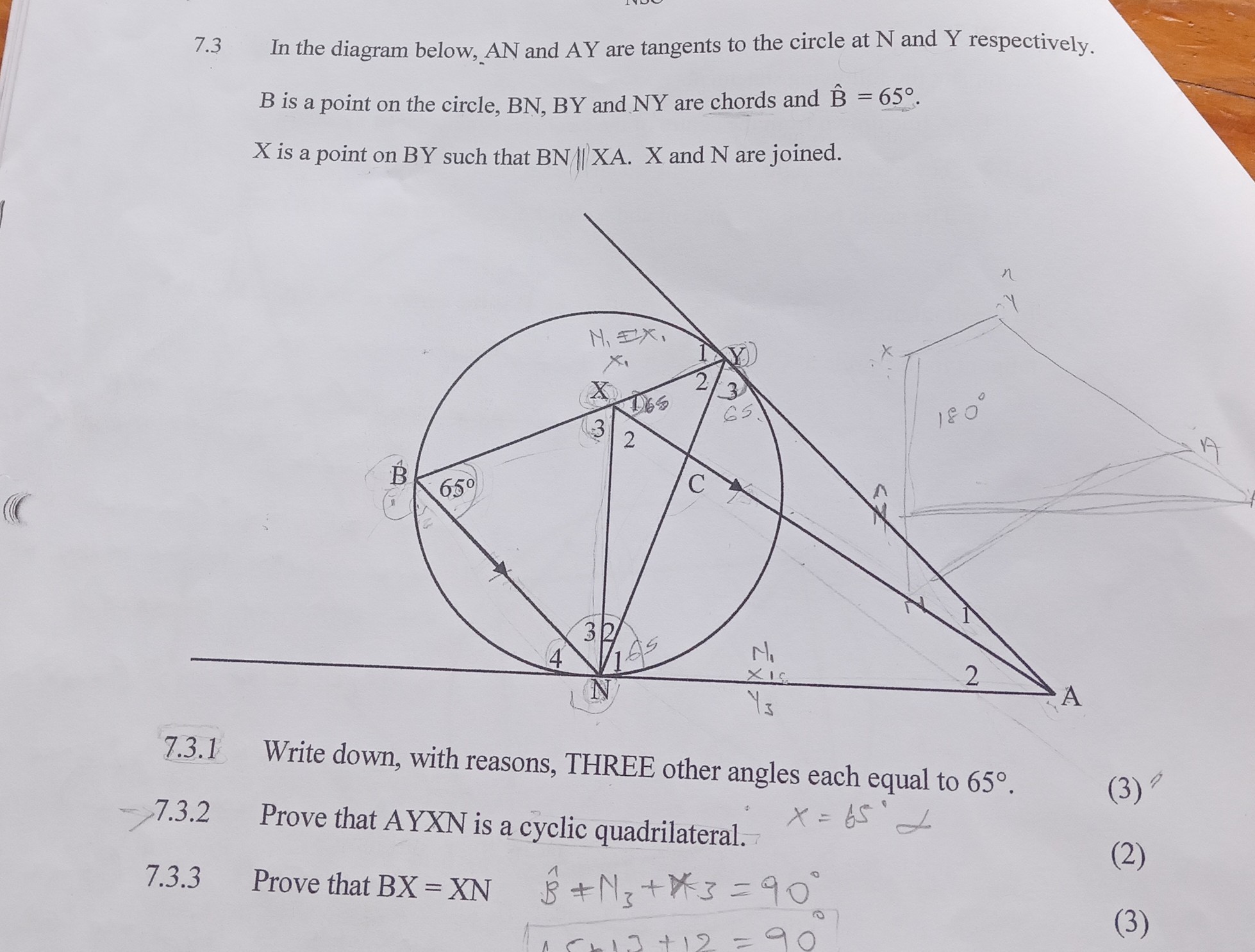 7.3 In the diagram below, AN and AY are tangents to the circle at N and Y respectively, B is a ...
