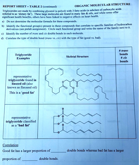 report sheet table organic molecular structure continued triglycerides ...
