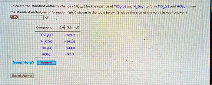 Calculate the standard enthalpy change ΔHrxn for the reaction of TiCl4(g) and H2O(g) to form ...