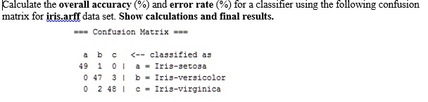 SOLVED: Calculate the overall accuracy (%) and error rate (%) for a classifier using the ...