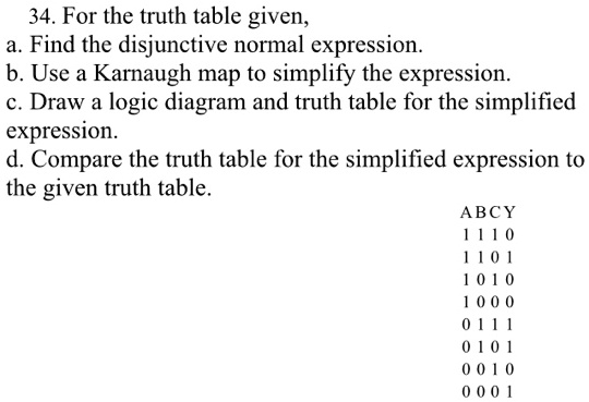 34. For the truth table given, a. Find the disjunctive normal expression. b. Use a Karnaugh map ...