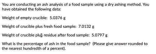 SOLVED: You are conducting an ash analysis of food sample using dry ...