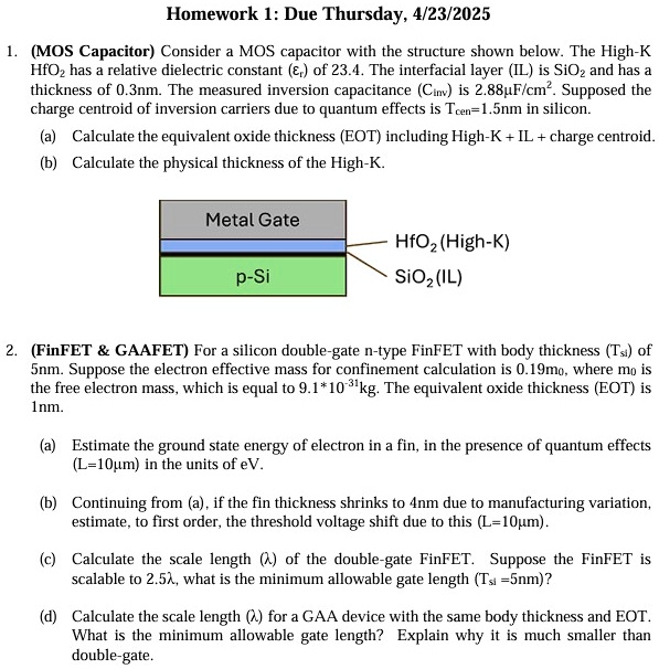 homework 1 due thursday 4232025 1 mos capacitor consider a mos ...