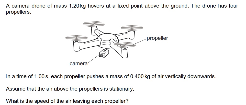 A camera drone of mass 1.20 kg hovers at a fixed point above the ground ...