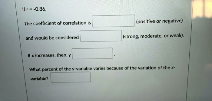 SOLVED: Ifr =-0.86, The coefficient of correlation is (positive or negative) and would be ...