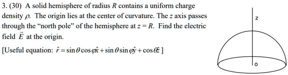 3 30 a solid hemisphere of radius r contains uniform charge density p the origin lies at the ...